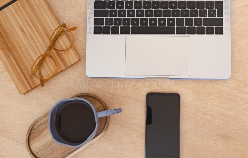 Flat Lay, Top View Wooden Office Desk Workspace Stock Image - Image of ...