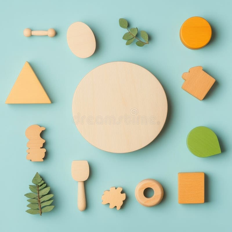 Flat Lay. Top View of Wooden Toys on Blue Background Stock Illustration ...