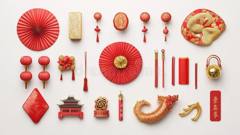 Flat Lay of Traditional Chinese Red and Gold Decorative Items Arranged ...
