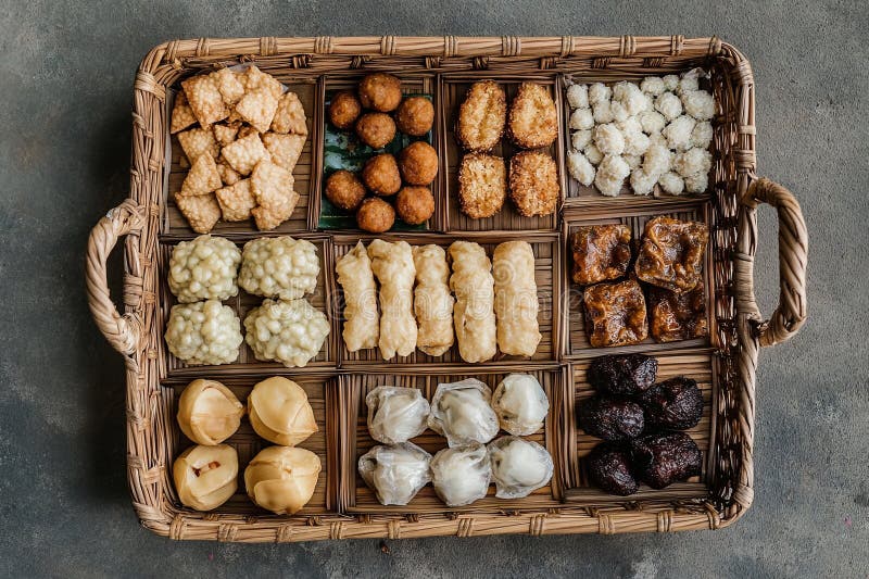 Flat Lay Traditional Thai Snacks Displayed Woven Bamboo Tray Stock ...