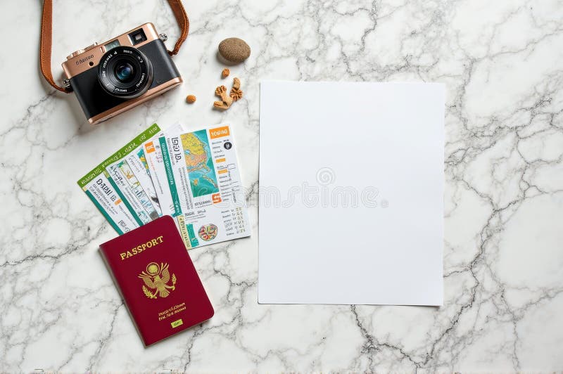 Flat Lay of Travel Essentials with Camera, Passport, Boarding Passes on ...