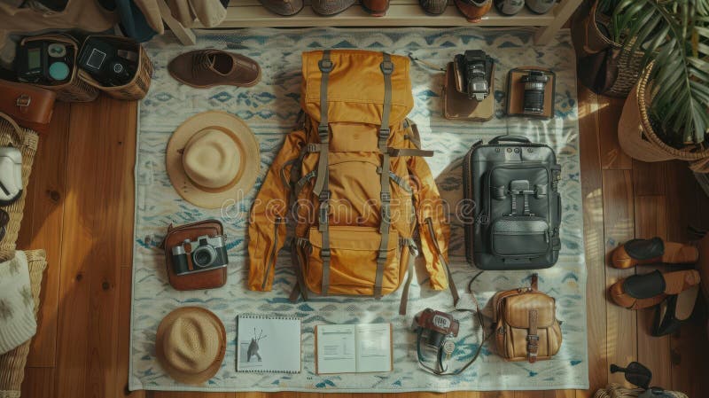 A Flat Lay of Travel Essentials, Including a Backpack, Hat, Map, and ...