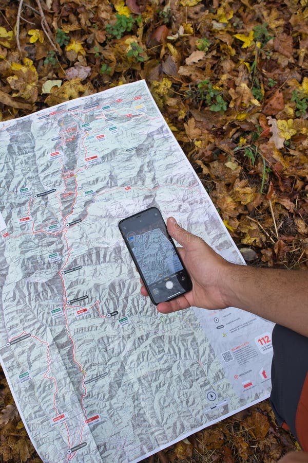 Flat Lay Travel in the Forest. Map and Mobile Phone Stock Photo - Image ...