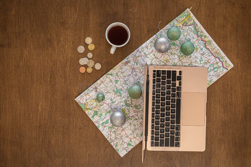 Flat Lay, Travel Planning, Laptop and Map on a Wooden Table. Stock ...