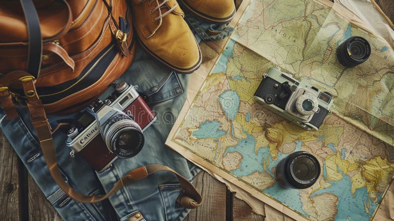 Vintage Travel Photography Equipment Leather Bag Map Old Film Lens Gear ...