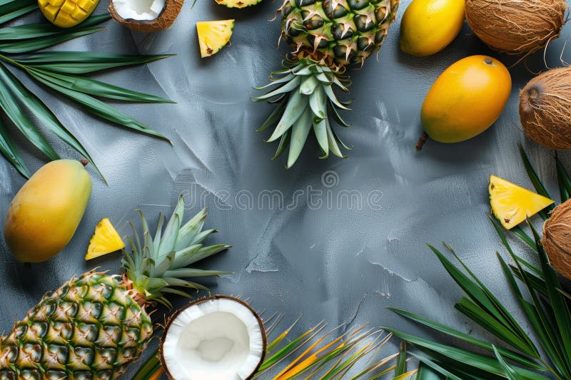 Flat Lay of Tropical Fruits on Vibrant Background Stock Image - Image ...