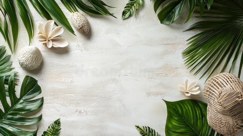 Flat Lay of Tropical Leaves and Decorative Elements on White Background ...