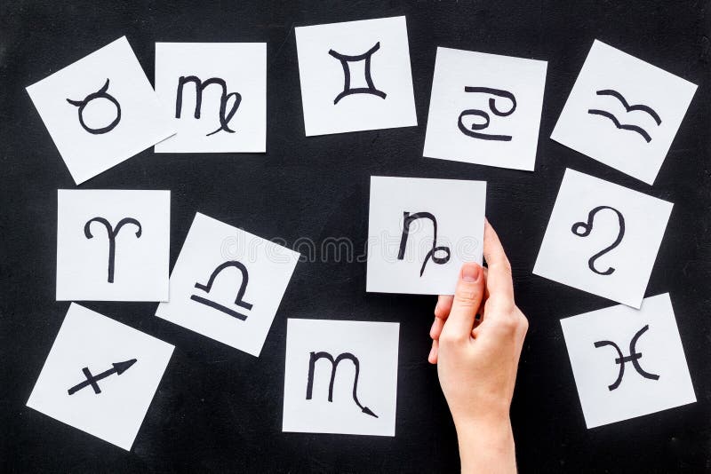 Flat Lay of Twelve Zodiac Signs. Horoscope Concept, Top View Stock ...