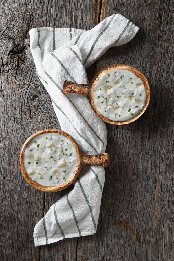 Flat Lay with Two Bowls of Homemade Chowder Bowls on a Rustic Wood ...