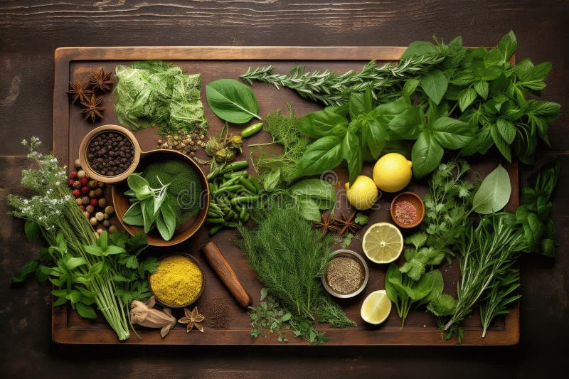 Flat Lay of Various Herbs on a Board Stock Illustration - Illustration ...