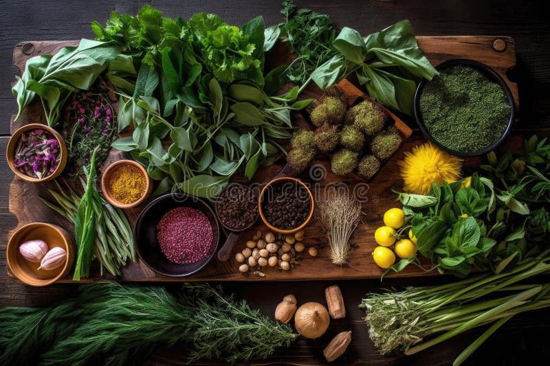 Flat Lay of Various Herbs on a Board Stock Illustration - Illustration ...