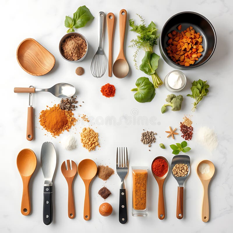 A Flat Lay of Various Kitchen Utensils and Spices on a Countertop ...