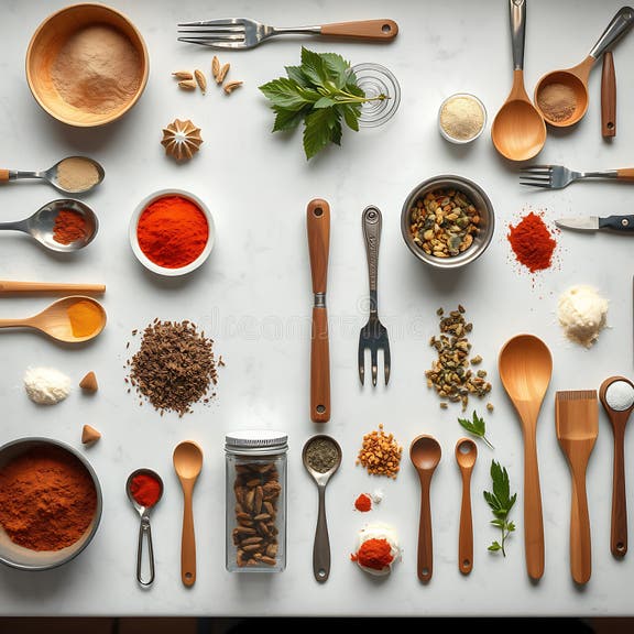 A Flat Lay of Various Kitchen Utensils and Spices on a Countertop ...