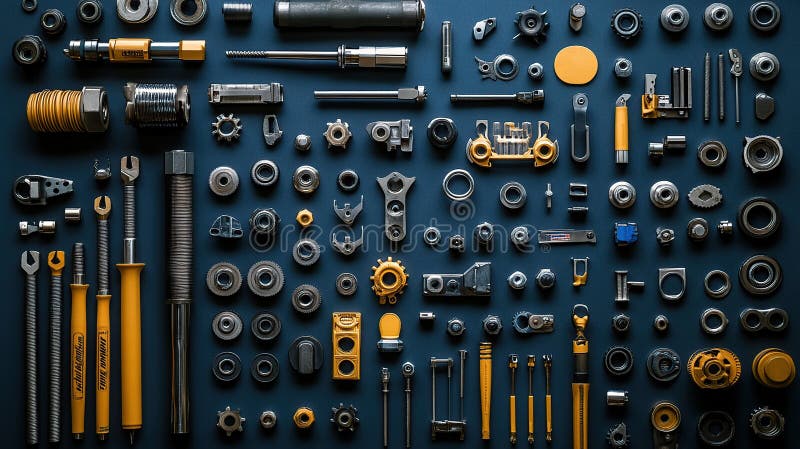Flat Lay of Various Mechanical Parts and Tools Arranged on a Dark Blue ...