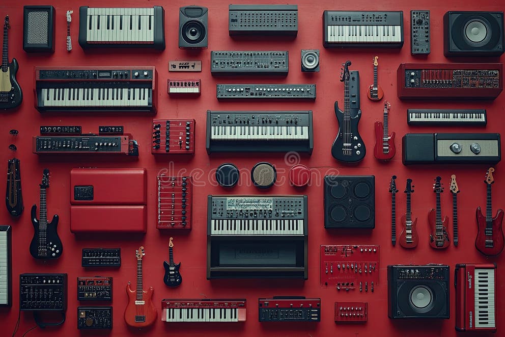 Flat Lay of Various Musical Instruments and Equipment on a Red ...