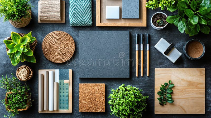 Flat Lay of Various Natural Materials and Plants on Dark Surface ...