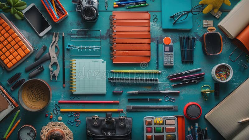 A Flat Lay of Various Office Supplies and Gadgets on a Blue Background ...