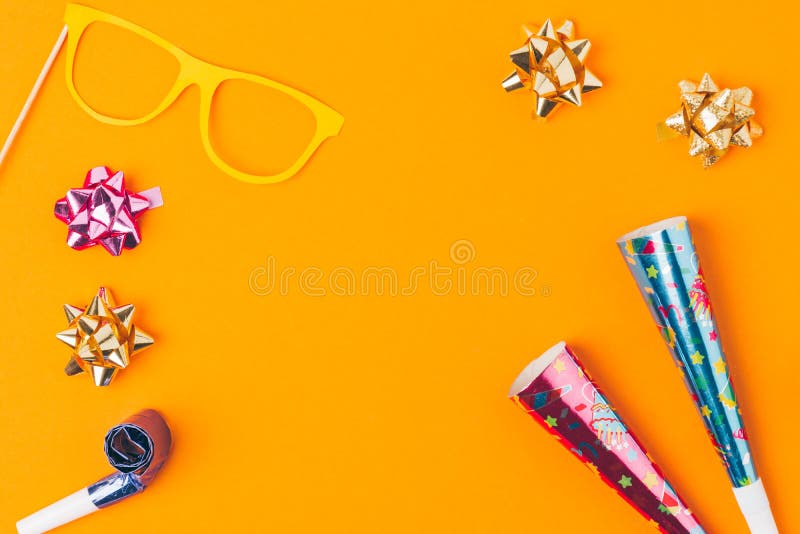 Flat Lay with Various Party Objects and Party Mask Stock Photo - Image ...