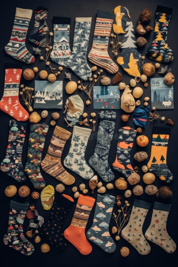 Flat Lay of Various Socks with Winter-inspired Designs Stock ...