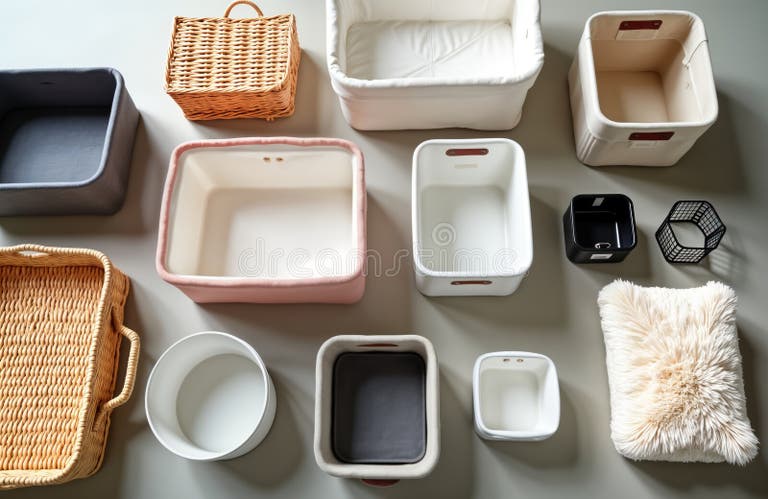 Flat Lay Various Storage Containers, Baskets. Different Sizes Shapes ...