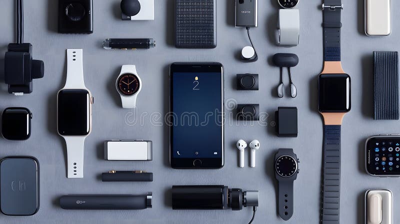 Flat Lay of Various Tech Gadgets and Accessories Stock Illustration ...