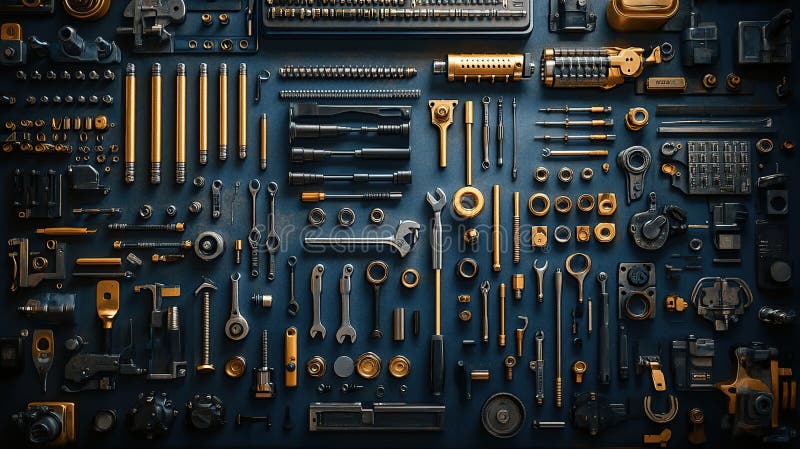 Flat Lay of Various Tools and Metal Parts Arranged on a Dark Blue ...