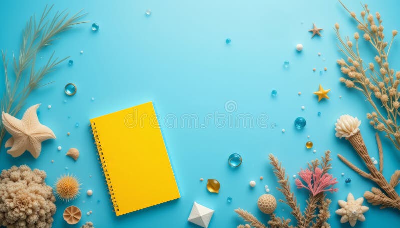 Flat Lay of a Vibrant Beach Theme Featuring a Yellow Notebook ...