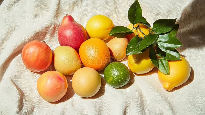A Flat Lay of Vibrant Tropical Fruits Styled on a Light Fabric Surface ...