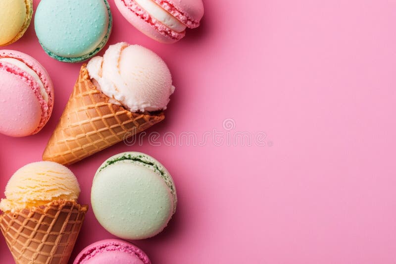 Flat Lay View of a Sweet Waffle Cone with a Macaron or Macaroon, Against a Pink Pastel ...