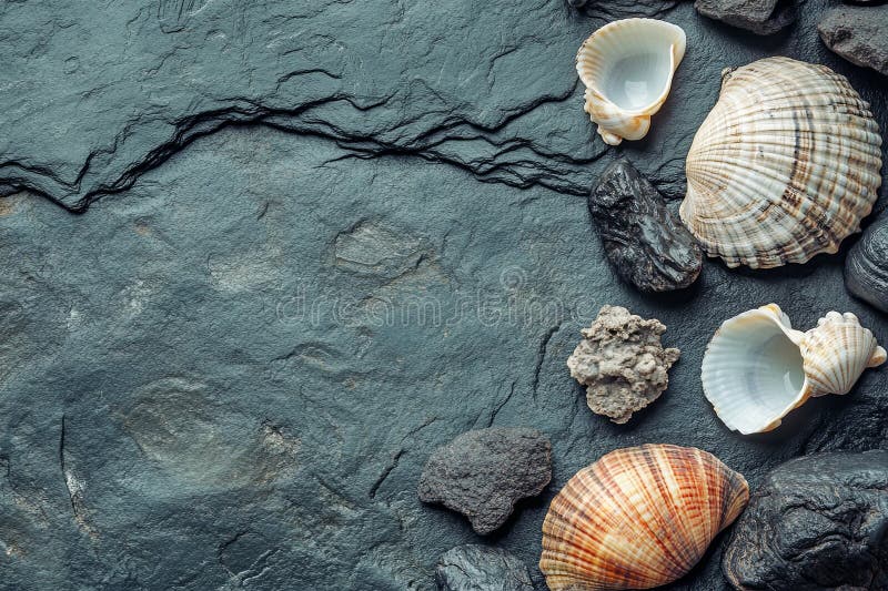 A Flat Lay of Volcanic Rocks and Shells on a Smooth Surface. Picture ...
