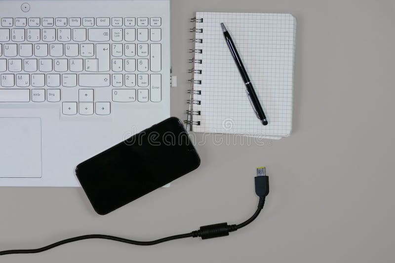 Flat Lay on White Background Top View with Copy Space. Computer Laptop ...