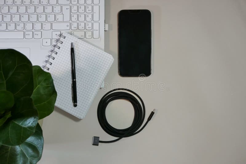 Flat Lay on White Background Top View with Copy Space. Computer Laptop ...