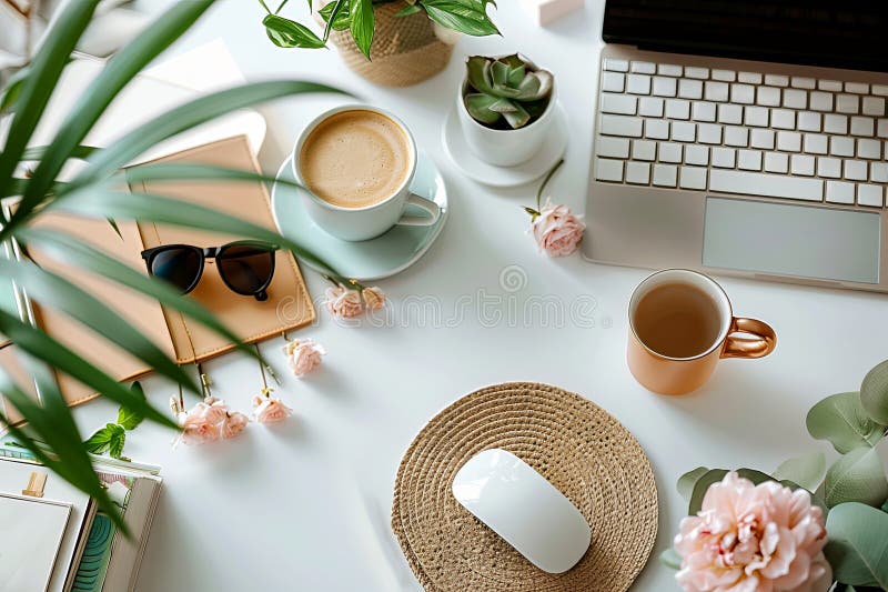Flat Lay White Desk with a Laptop, Mouse, Cup of Coffee, and a Cup of ...