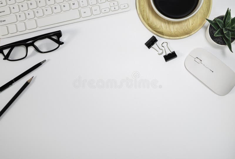 Flat Lay, White Office Desk Table. View from Above with Keyboard ...