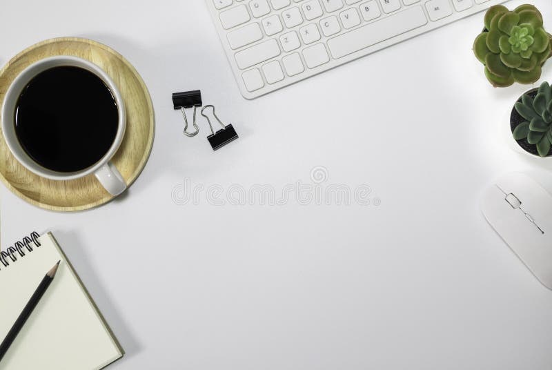 Flat Lay, White Office Desk Table. View from Above with Keyboard ...