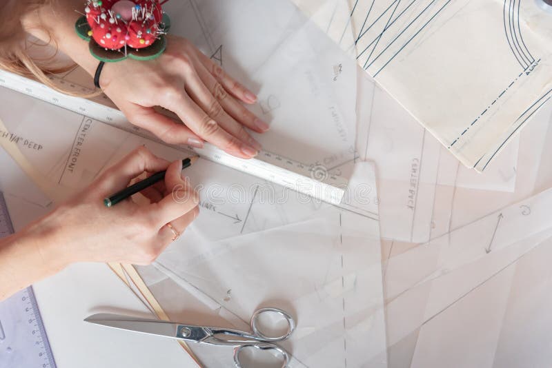Tailor Drawing Sewing Pattern, Flat Lay. Stock Photo - Image of ...