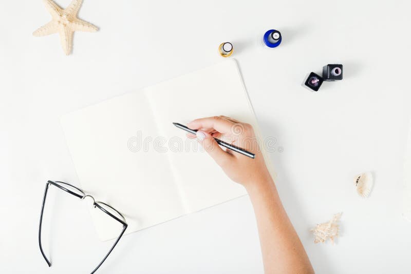Flat Lay Woman`s Hand Writes in a Notebook Stock Photo - Image of ...