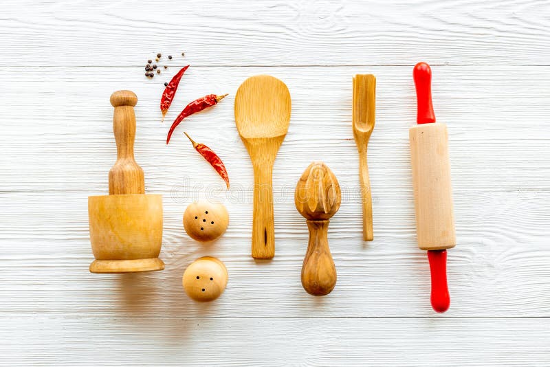 Flat Lay of Wooden Kitchen Utensils and Cookware Stock Image - Image of ...