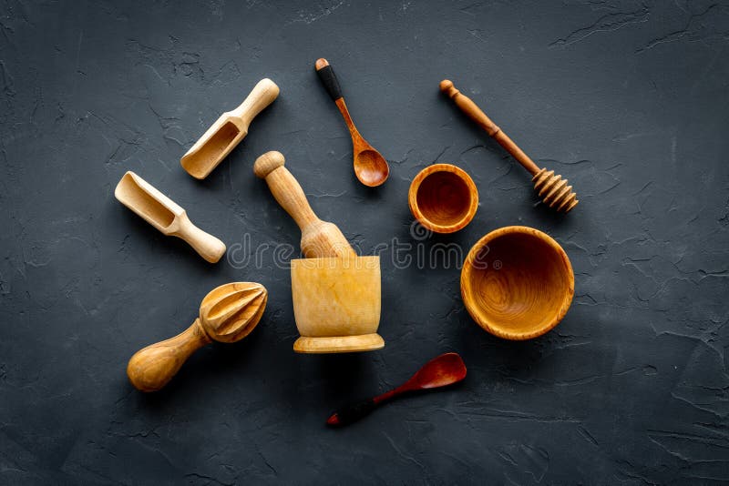 Flat Lay of Wooden Kitchen Utensils and Cookware Stock Photo - Image of ...