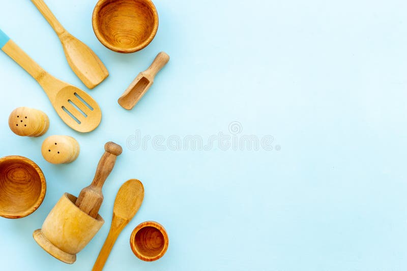 Flat Lay of Wooden Kitchen Utensils and Cookware Stock Image - Image of ...