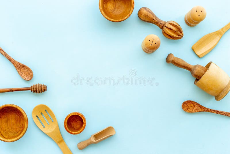 Flat Lay of Wooden Kitchen Utensils and Cookware Stock Image - Image of ...