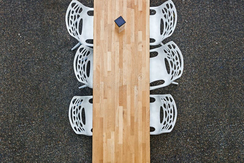 Flat Lay of Wooden Table with White Chairs Stock Image - Image of table ...