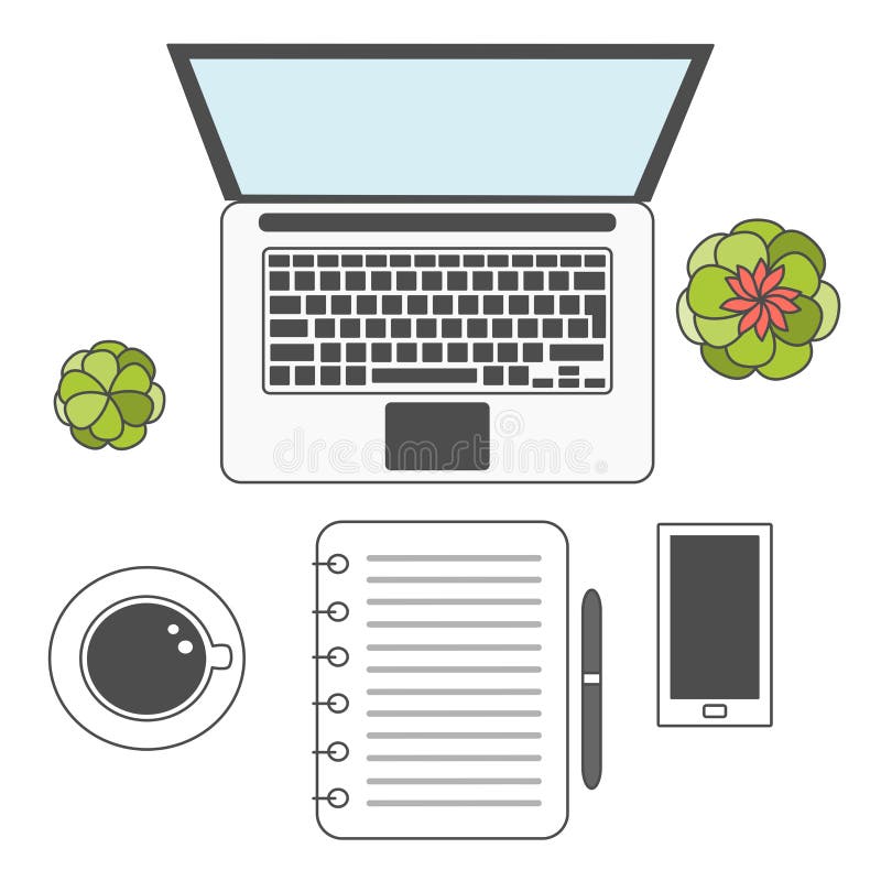 Flat Lay Vector Work Desktop Top View with Laptop, Plants, Coffee Cup ...