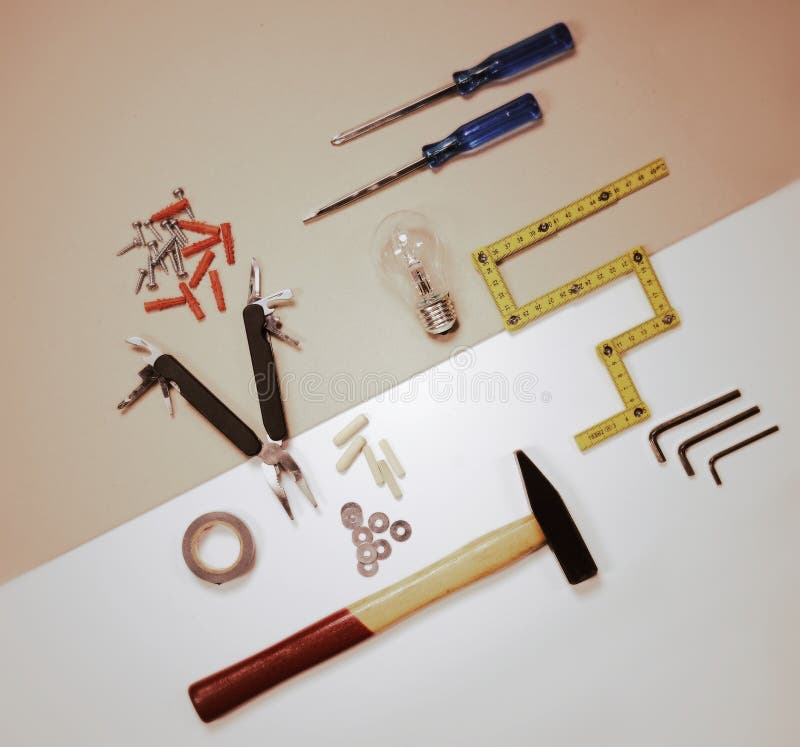 Flat Lay - Working Tools and Light Bulb - Solution Concept Stock Image ...