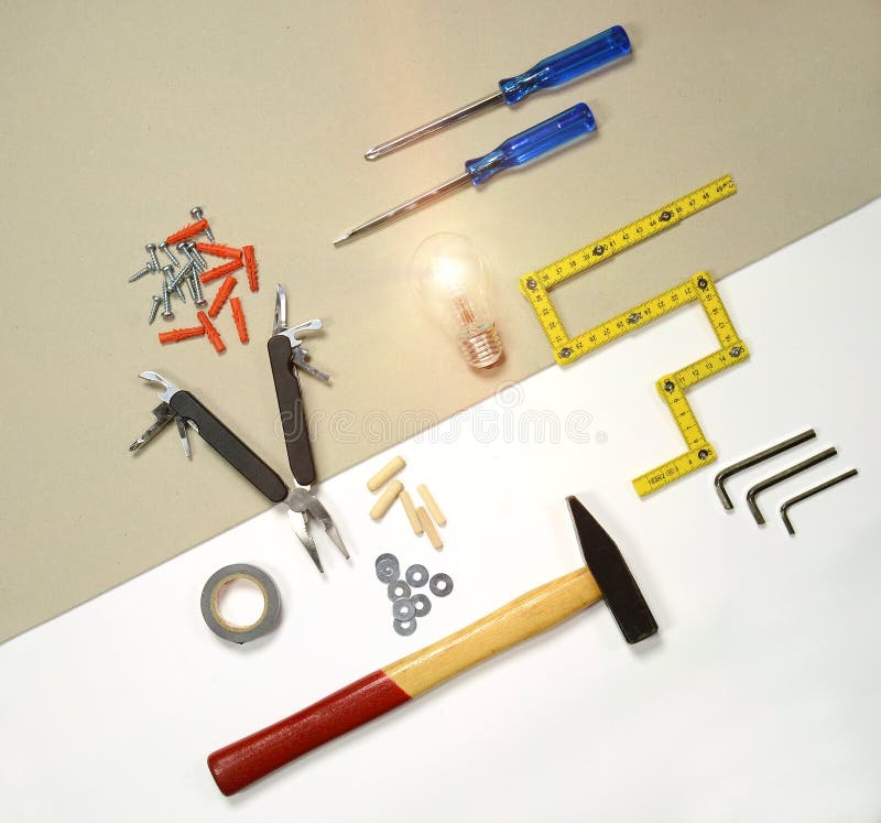 Flat Lay - Working Tools and Light Bulb - Solution Concept Stock Image ...