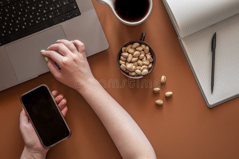 Flat Lay, Workplace with Computer, Notepad and Coffee. Stock Image ...