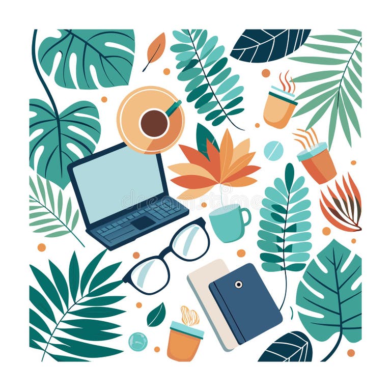 Flat Lay of Workplace Elements: Laptop, Leaves and Coffee Cups Arranged ...