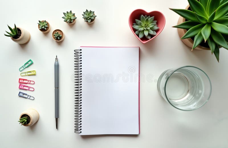 Flat Lay Workspace Design Features Blank Notebook, Succulents. Modern ...