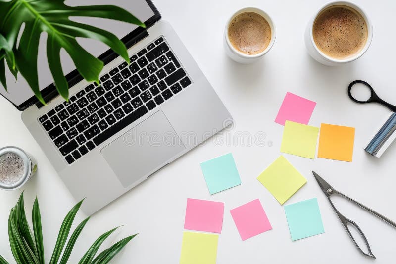 Flat Lay of a Workspace with a Laptop, Coffee, Sticky Notes, and ...