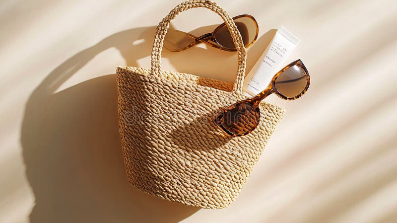 Flat Lay of Woven Beach Bag with Sunscreen and Sunglasses. Stock Photo ...